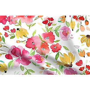 Spoonflower Fabric - Watercolor Floral Red Green Pink Jumbo Large Spring Summer Blackeyed Printed on Polartec(R) Fleece Fabric by The Yard - Sewing Blankets Loungewear and No-Sew