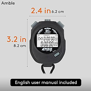 Stopwatch, Amble Countdown Timer and Stopwatch Record 20 Memories Lap Split Time with Tally Counter and Calendar Clock with Alarm for Sports Coaches and Referees