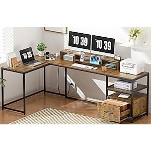 VEELOK L Shaped Desk - 87" L Shaped Gaming Desk with Power Outlet & Monitor Shelf, Home Office Corner Computer Desk with Printer Shelf & File Drawer, Rustic Brown