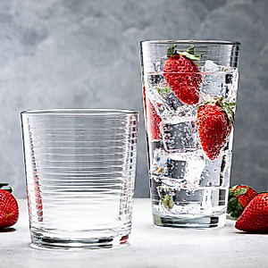 Le'raze Set of 8 Heavy Base Ribbed Durable Drinking Glasses Includes 4 Cooler Glasses (17oz) and 4 Rocks Glasses (13oz), Clear Glass Cups - Elegant Glassware Set