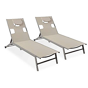 Ostrich Outdoor Chatham 2 Pieces Patio Chaise Lounges | Patio Lounge Chairs | Patio Chairs | 5- Position Recliner Adjustable Sunbathing Lounge Chair for Patio, Beach, Yard, Pool, Tan & White
