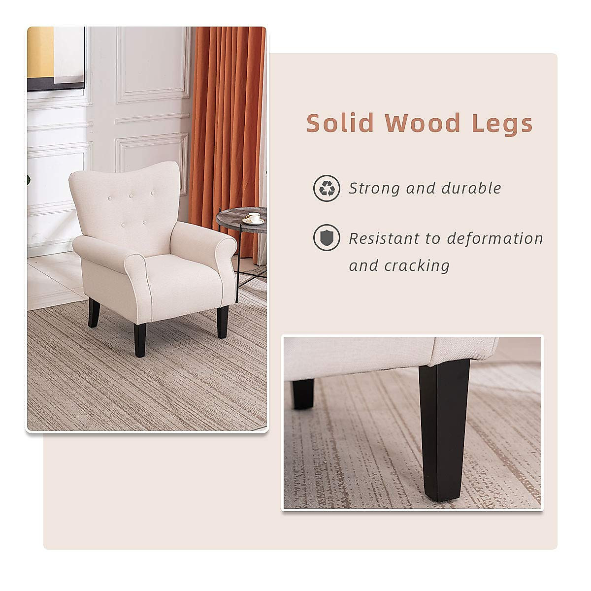 YOLENY Modern Accent Chair,High Back Armchair,Upholstered Fabric Button Single Sofa with Wooden Legs for Living Room,Bedroom,Club,Beige