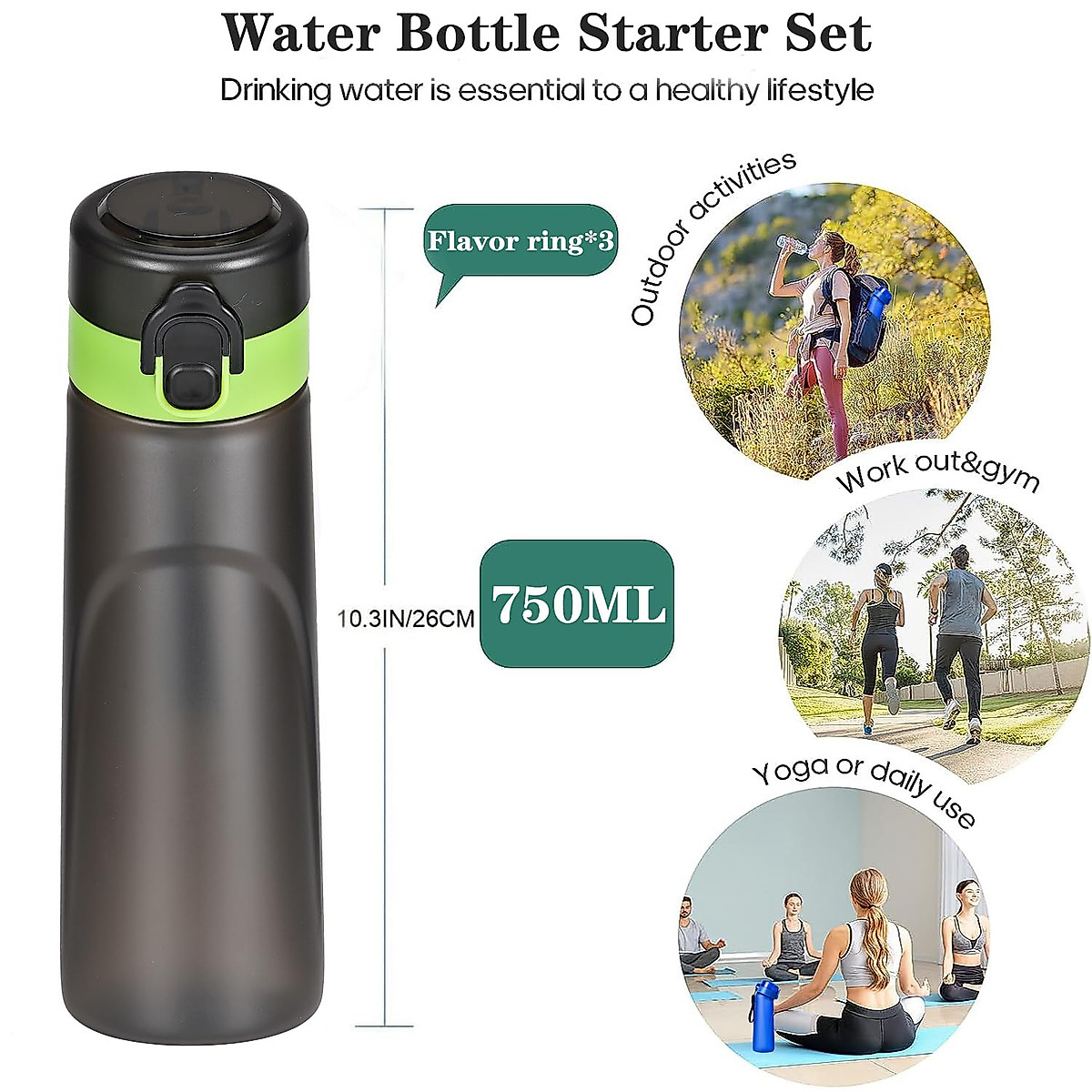 GIYZOKNI Water Bottle Starter Set, Water Bottle with Pods, 750ML Fruit Fragrance Water Bottle with 3 pcs Pods, 0% Sugar Water Cup BPA Free, Suitable for Gyms, Outdoor Sport, Schools (Black)