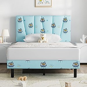 Molblly Twin Bed Frame Upholstered Platform with Headboard and Strong Wooden Slats, Strong Weight Capacity, Non-Slip and Noise-Free,No Box Spring Needed, Easy Assembly,Light Blue