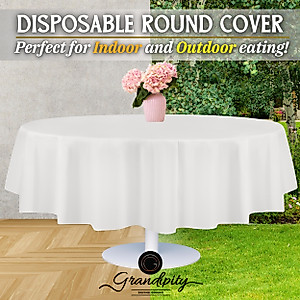 Grandipity Brand Round White Plastic 84" Disposable Tablecloth (12 Pack), Party & Event Decorative Cover