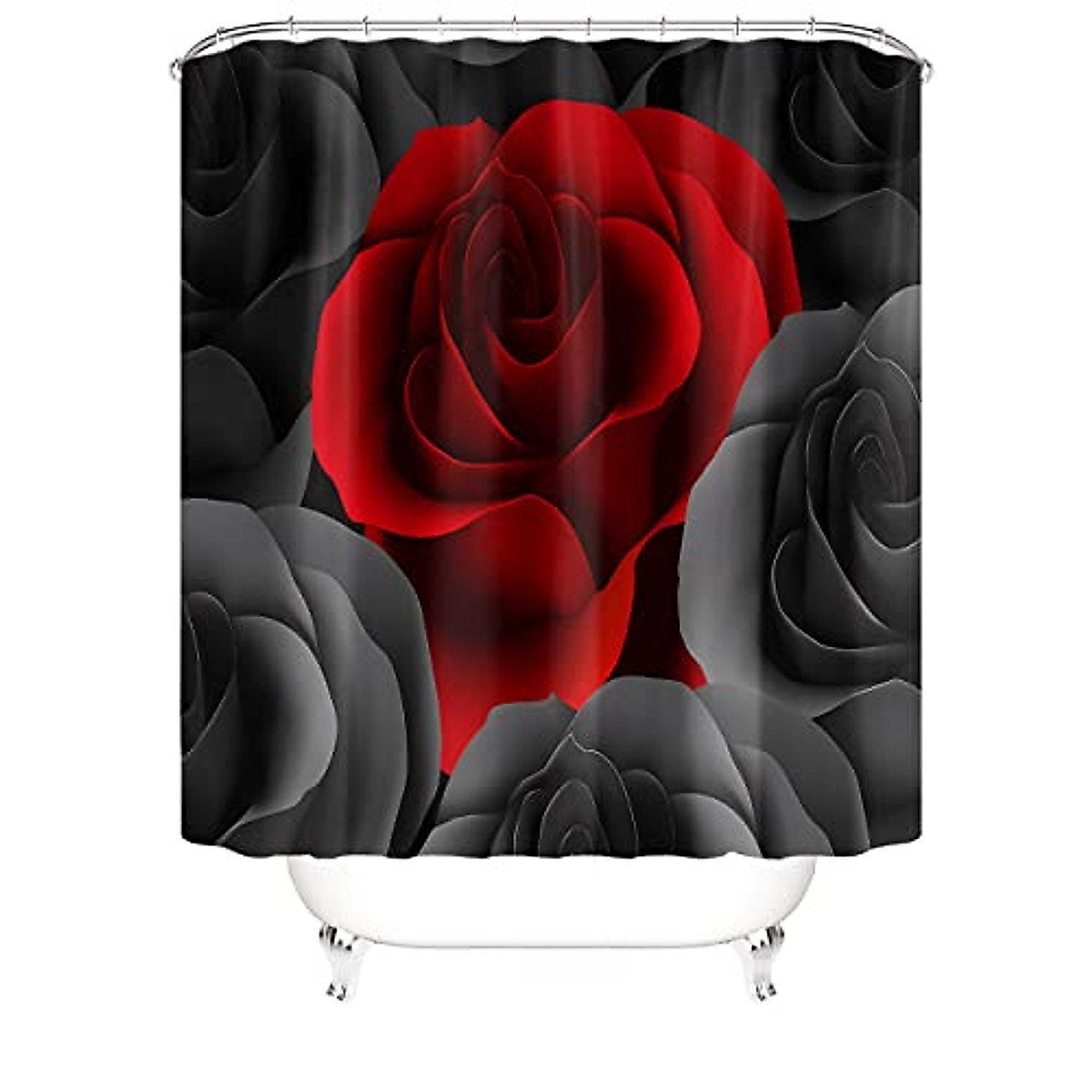 Red Rose Flowers Shower Curtain Set with Non-Slip Rugs and Toilet Lid Cover Floral Theme Fabric Shower Curtain Bathroom Decor with Hooks Waterproof Washable 72" x 72''