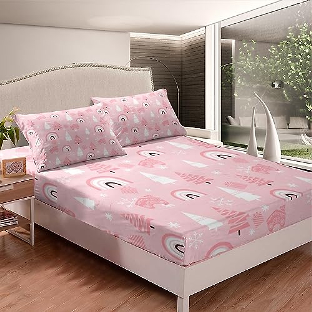 Christmas Tree Sheet Set Merry Christmas Bed Set for Kids Boys Girls Pink Decor Kawaii Rainbow Bed Sheets Cute Sweet Sheets Room 4Pcs Full Size