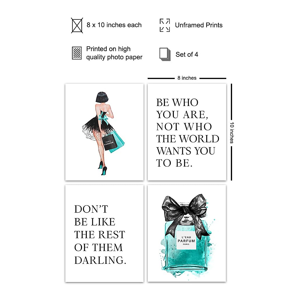 Light Blue Designer Wall Decor - Uplifting Motivational Inspirational Quotes Wall Art for Women - Glam Decorations - High Fashion Design Poster Print Set - Glamour Wall Art - Couture Luxury Gifts