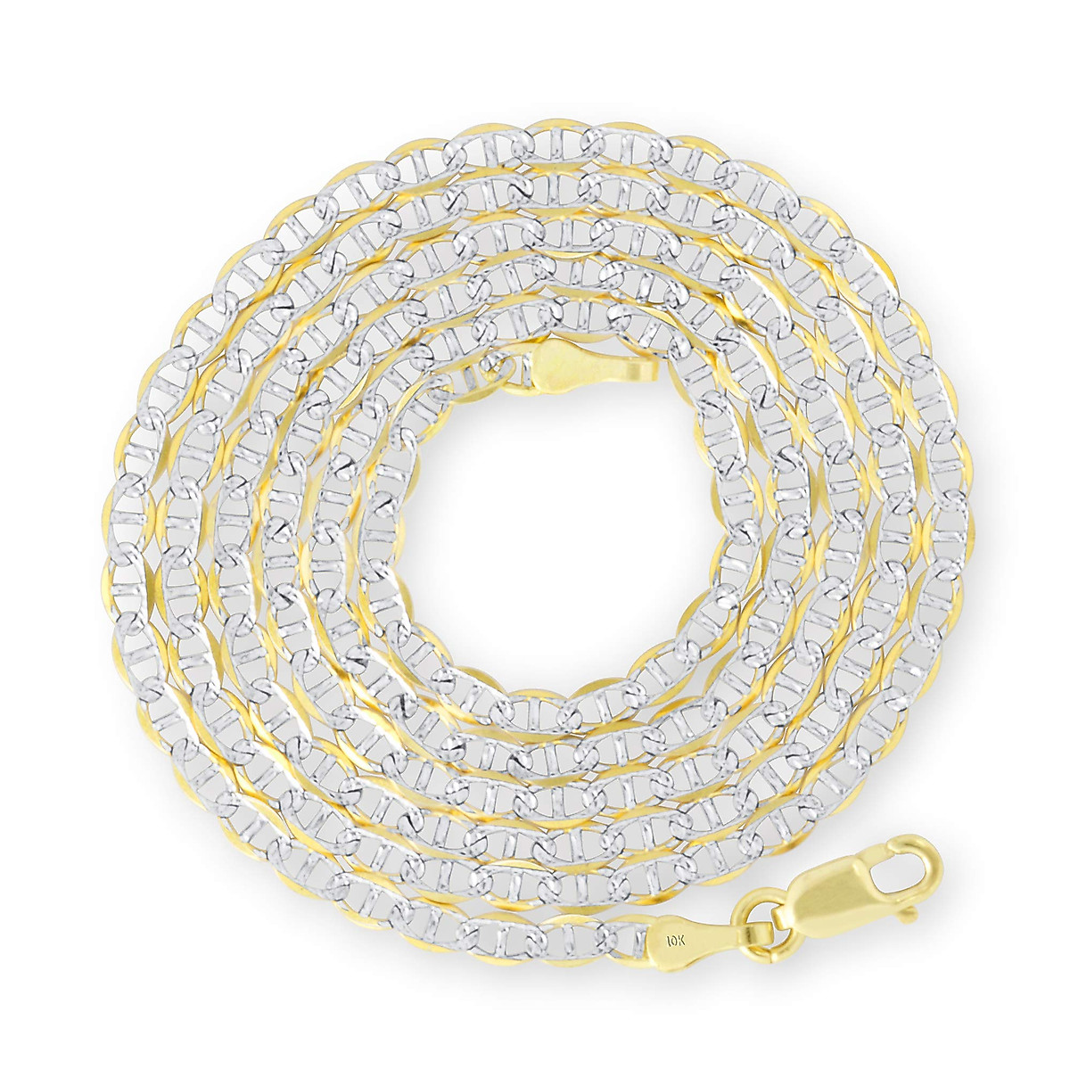 Nuragold 10k Yellow Gold 2.5mm Solid Mariner Anchor Link Chain Diamond Cut Two Tone Pave Pendant Necklace, Womens Mens Jewelry 16" 18" 20" 22" 24" 26"