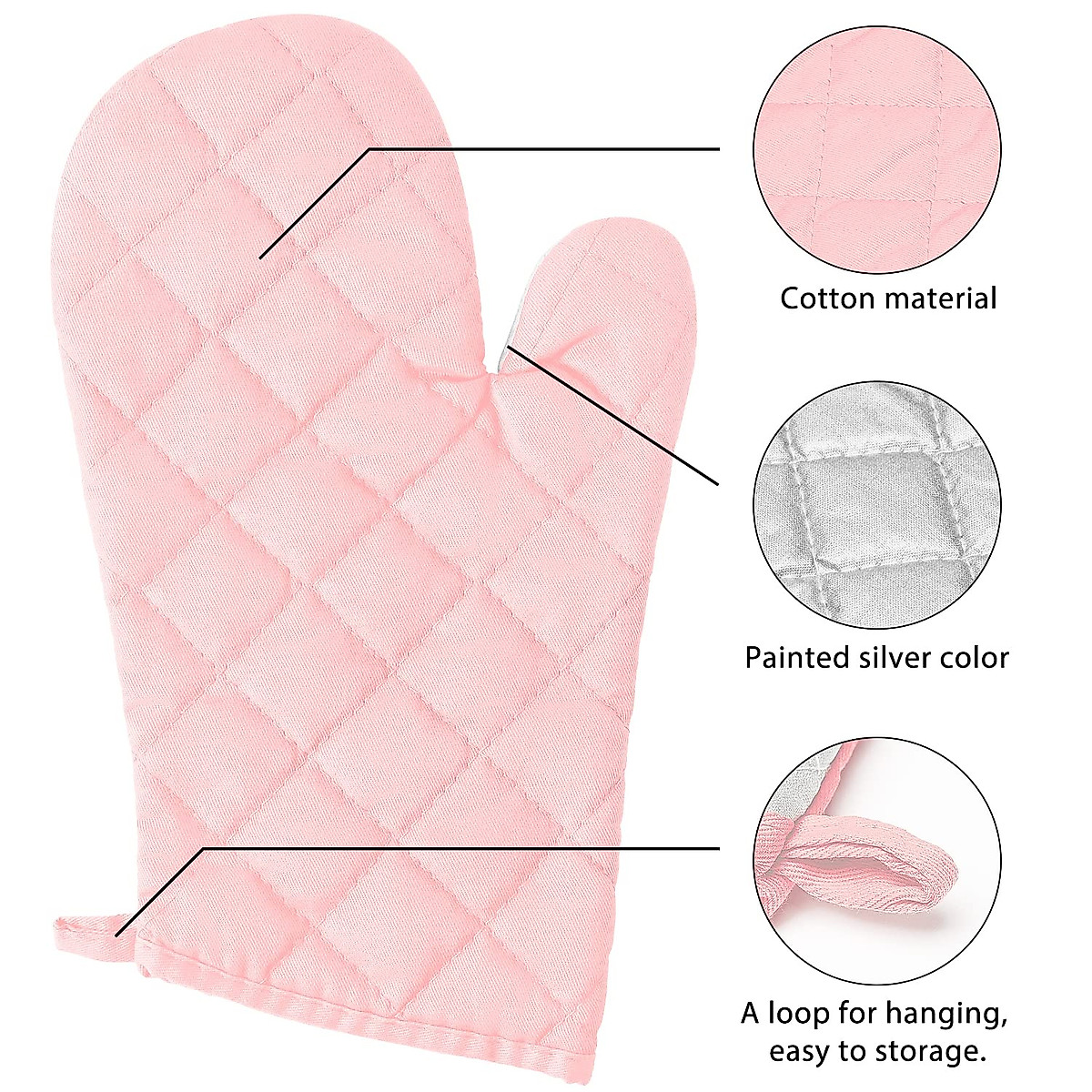 GROBRO7 6Pcs Cotton Oven Mitts and Pot Holders Set Heat Resistant Hot Pads Durable Pocket Pot Holder Machine Washable BBQ Gloves with Hanging Loop for Safe Kitchen Baking Cooking Grilling Pink