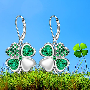 St Patricks Day Shamrock Earrings for Women Sterling Silver Four Leaf Clover Earrings Green Heart Cubic Zirconia Valentine Mothers Day Irish Shamrock Gifts
