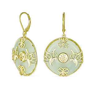 Asian Style Dangle Circle Round Donut Good Fortune Light Green Jade Butterfly Disc Drop Statement Earrings For Women 14K Gold Overlay .925 Sterling Silver Lever Back