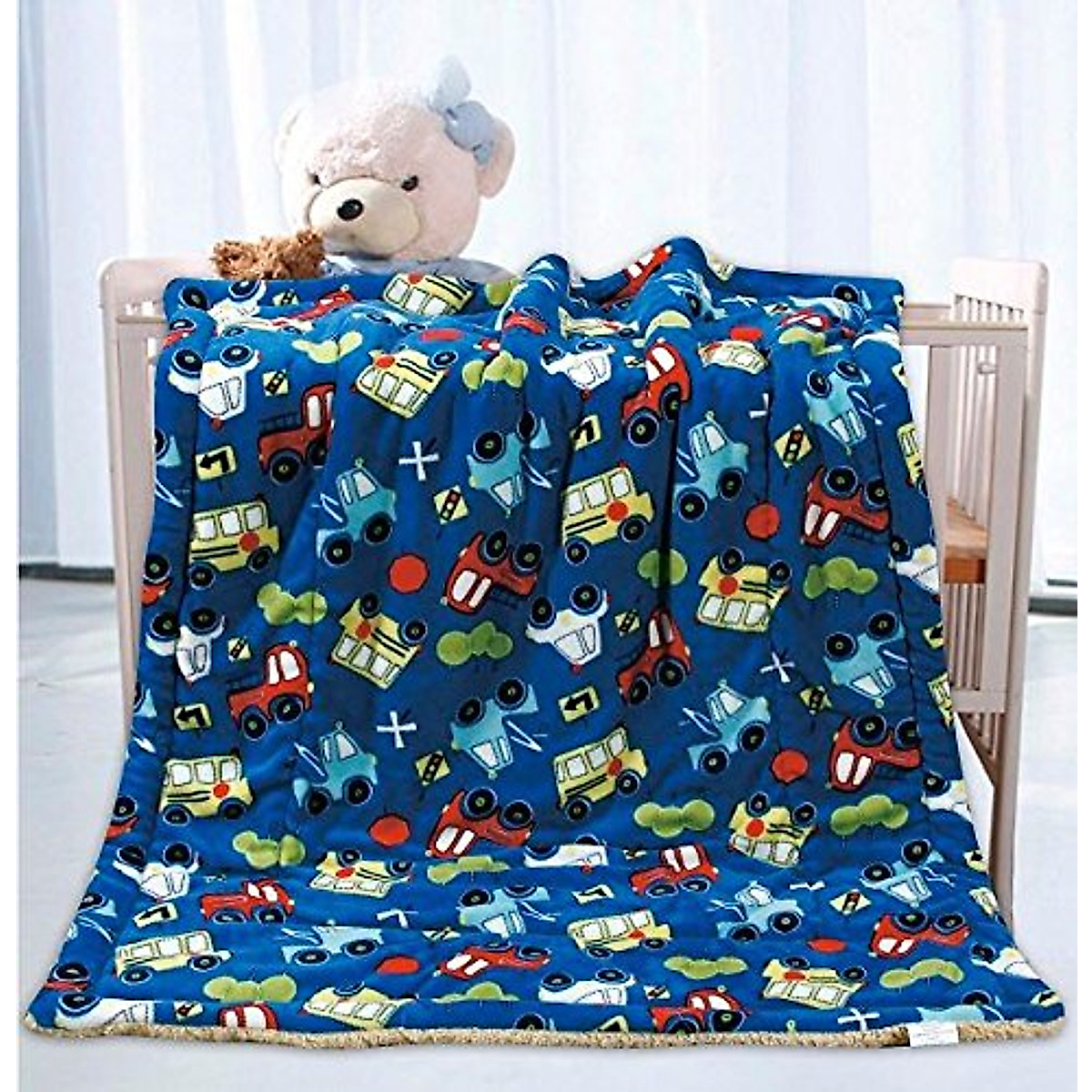 Elegant Homes Kids Soft & Warm Sherpa Baby Toddler Boy Sherpa Blanket Multicolor Cars Trucks Buses Printed Borrego Stroller or Toddler Bed Blanket Plush Throw 40X50# Cars