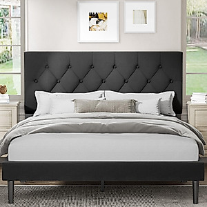 Queen Size Platform Bed Frame with Upholstered Headboard, Button Tufted Design, No Box Spring Needed, Dark Grey