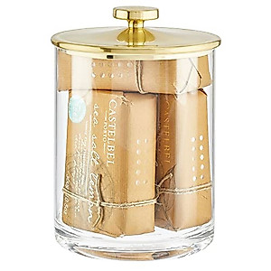 mDesign Large Modern Apothecary Storage Organizer Canister Jars - Plastic Containers for Bathroom, Organization Holder for Vanity, Counter, and Makeup Tables, Lumiere Collection, Clear/Soft Brass