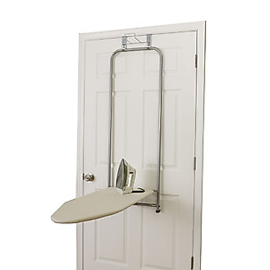 Household Essentials 144222 Over The Door Small Ironing Board with Iron Holder, Natural Cotton Cover Silver
