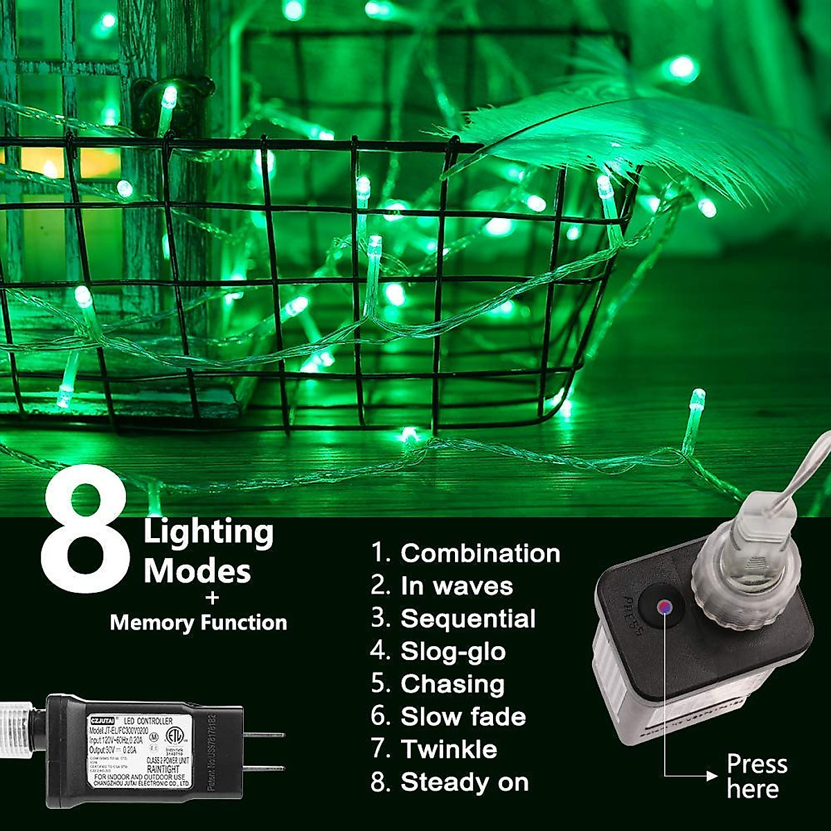 Jnaurb Decorative Light St. Patrick's Day Lights, 75 Feet 200 Led Indoor Fairy Twinkle Lights, Plug in String Light 8 Modes Waterproof for Home, Party, Holiday, St. Patrick's Day Decorations(Green)