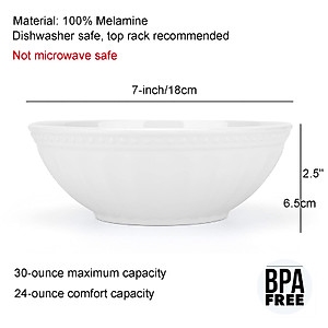 KX-WARE 7-inch Melamine Bowls, 30-ounce Salad/Pasta/Dinner Bowls | set of 6, White