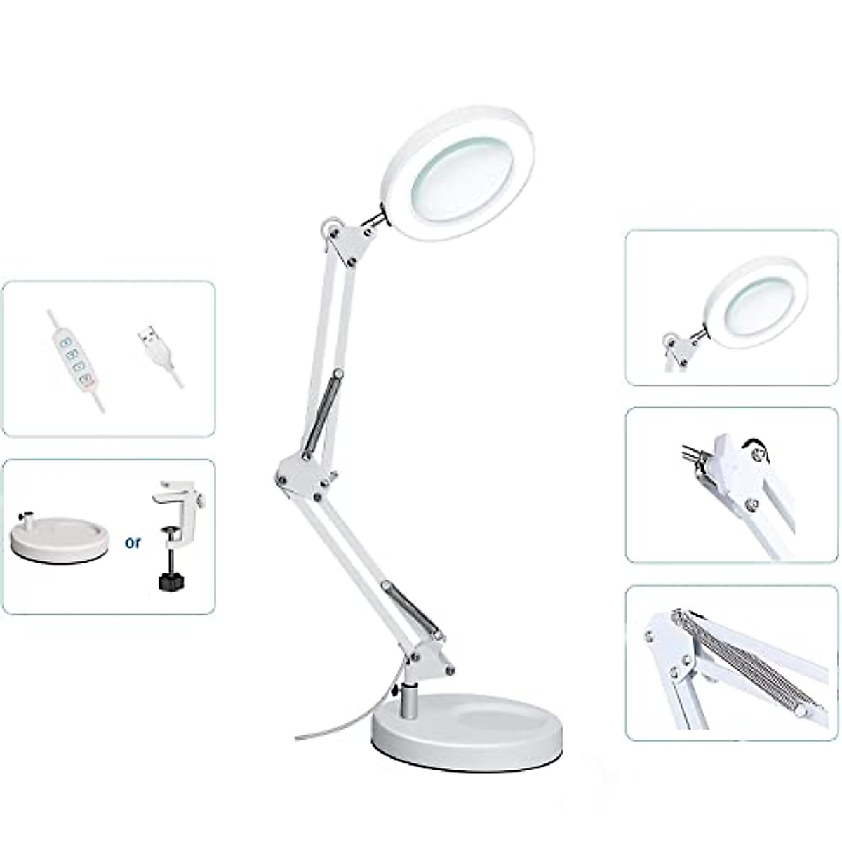 5X Magnifying Lamp, 2-in-1 Magnifying Lamp Tool Magnifying Glass with Light and Stand, with Base and Clamp 3 Color Modes Stepless Dimmable, LED 5X Glass Magnifying Desk Lamp & Clamp for Reading