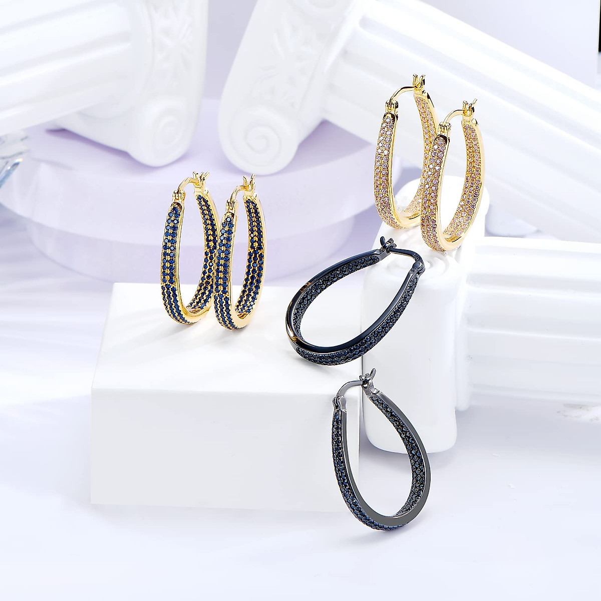 925 Sterling Silver Post Hoop Earrings for Women Gilrs Black Cubic Zirconia 14K Gold Plated Oval Chunky Gold Hoop Earrings weinuo Jewelry
