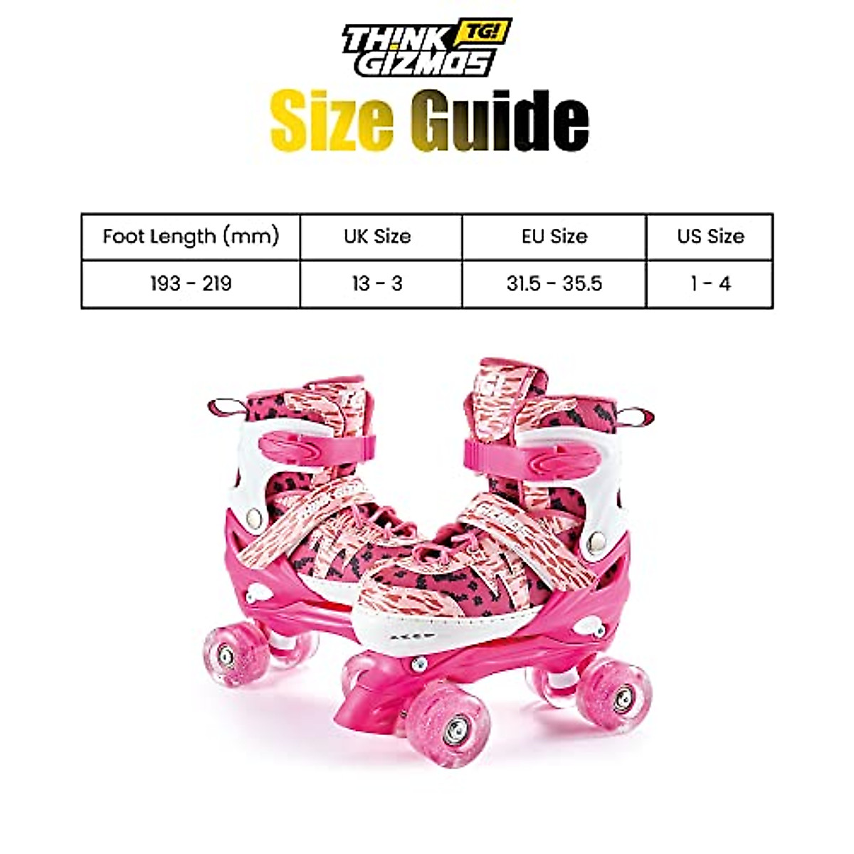 Think Gizmos Girls Roller Skates - Comfort Fit Adjustable Boot Size (1-4), Light Up Wheels, Super Smooth Rolling, Adjustable Straps, Suitable for Indoor and Outdoor Skating - Pink