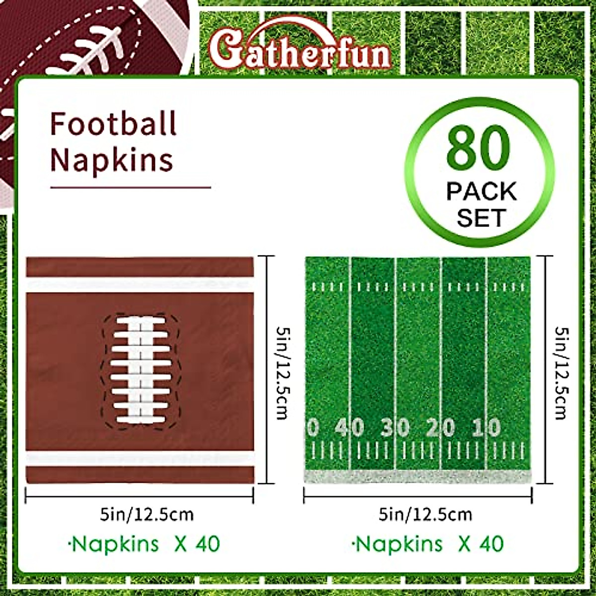 Football Birthday Party Supplies Disposable Paper Cocktail Napkins for Tailgate Party Decorations, Assorted 40 Pack Football Field Design and 40 Pack of football Pattern, Total 80 Pack