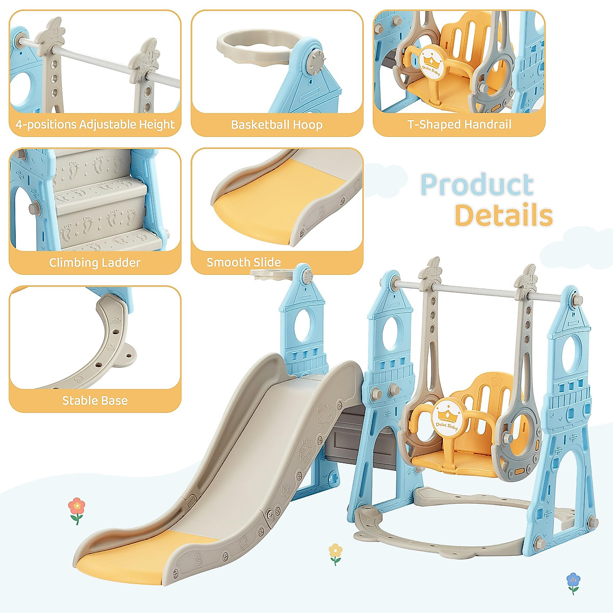 4-in-1 Toddler Slide and Swing Set with Extra Large Playground, Basketball Hoop & Climber, Indoor/Outdoor Playset, Castle Collection - Blue & Yellow