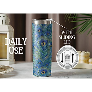 Onebttl Peacock Skinny Glitter Tumbler Gifts For Women, Female and Her - Peacock Feather - 20oz/590ml Stainless Steel Insulated Tumbler with Straw, Lid - Gift for Peacock Lovers