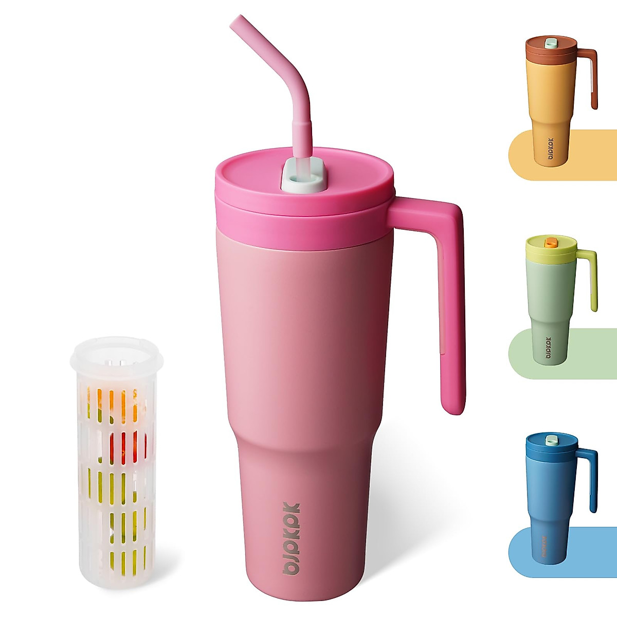 BJPKPK Insulated Tumblers With Handle And Straw 40oz Stainless Steel Travel Coffee Mug Tumbler Cups With Lid And Fruit Infuser,Light Pink
