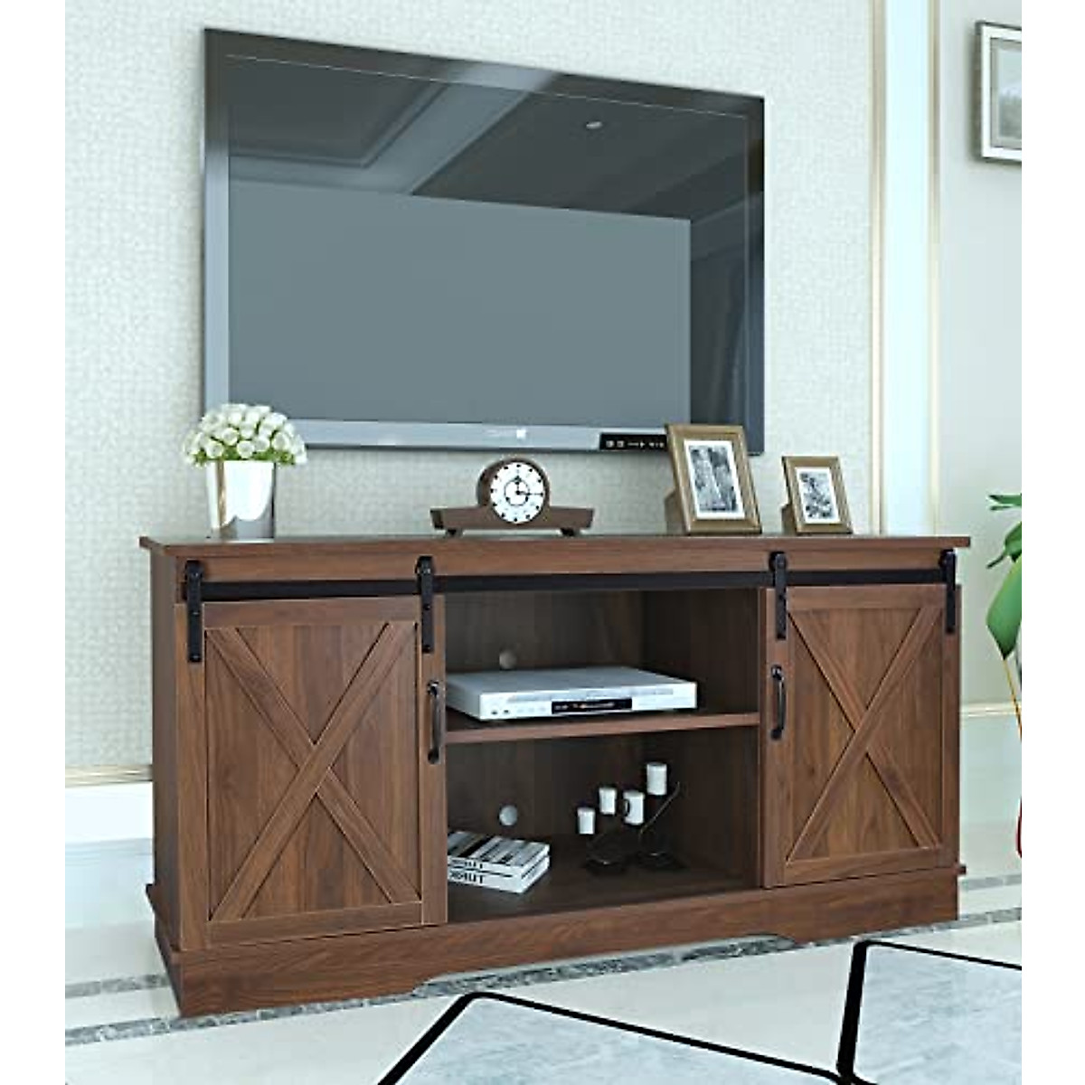 Rainbow Sophia Farmhouse Sliding Barn Door TV Stand for TVs up to 65 Inches, 58 Inch (Dark Walnut)