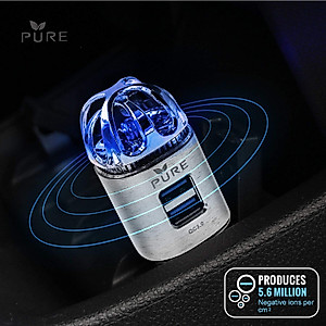 Car Air Purifier 3in1 Premium Stainless Steel Air Filter Ionizer w/Dual USB Quick Charge 3.0 USB-Eliminate Allergens Odor Smell, Smoke, Pets, Pollen Mold Bacteria w/Anti-Microbial Deodorizer (Silver)