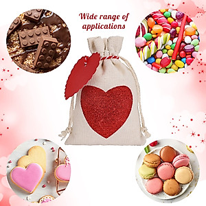 Whaline 20 Pack Valentine's Day Burlap Gift Bag Glitter Red Heart Drawstring Bag with Tag and Cotton Rope Rustic Linen Pouches Sacks for Valentines Party Favors Wedding Bridal Shower Supplies