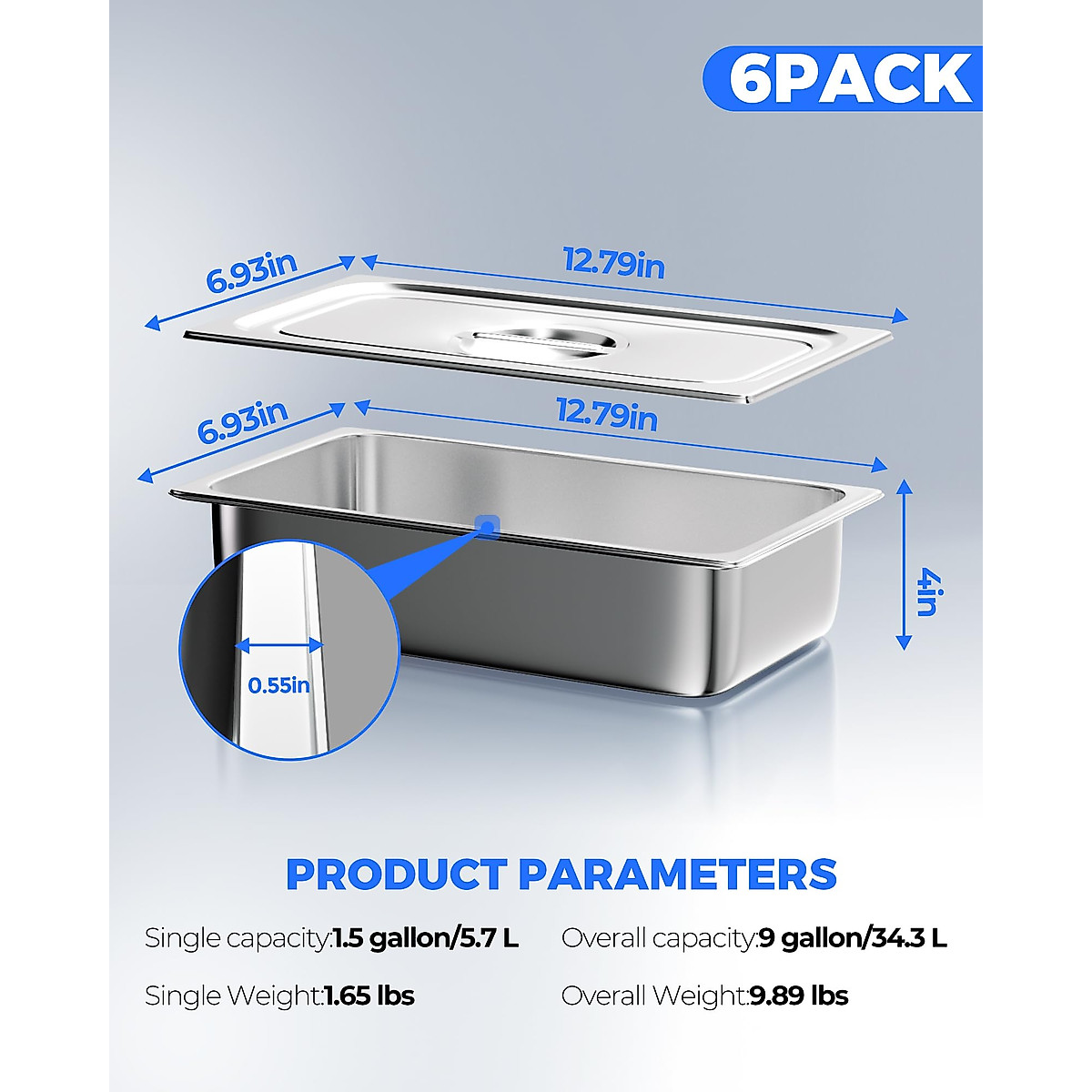 WantJoin 1/3 Size Steam Table Pans with Lid, 6 Pack 4 Inch Deep Restaurant Steam Table Pans Commercial, Hotel Pan Made of 201 Gauge Stainless Steel
