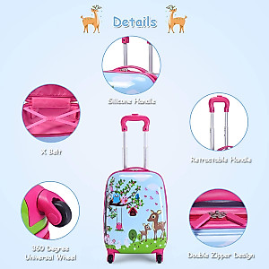 GYMAX Kids Carry On Luggage Set, 12" & 16" 2PCS Rolling Suitcase (Deer)