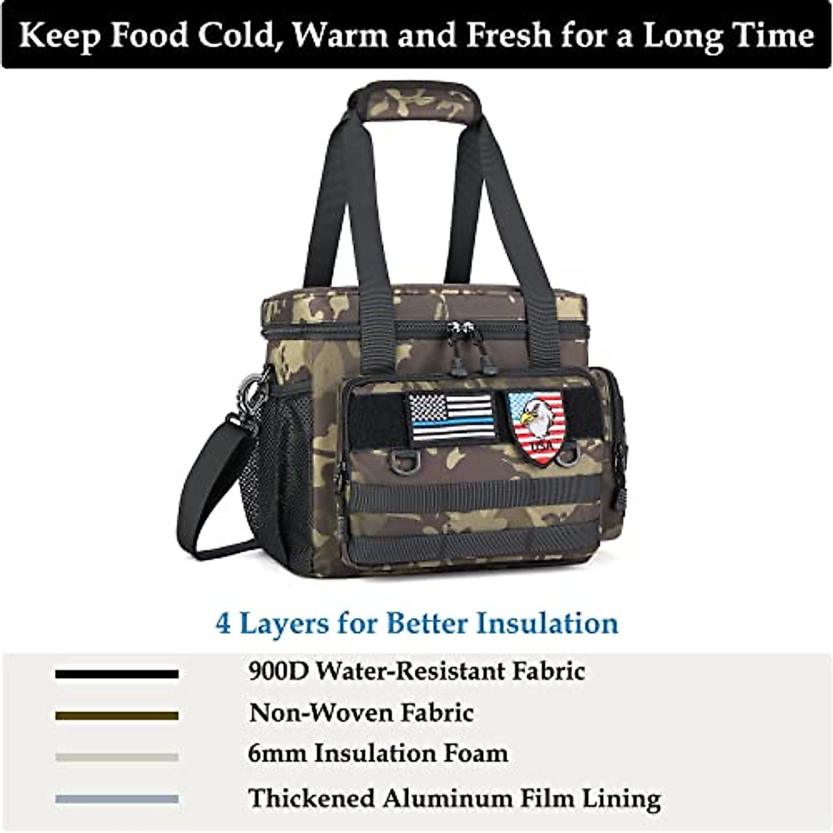 Hxy Ang Tactical Lunch Box for Men, Large Leakproof Insulated Lunch Bag, Heavy Duty Lunch Cooler Bag with MOLLE Lunch Pail for Work Camping Fishing Picnic (Black-Camo, 14L)