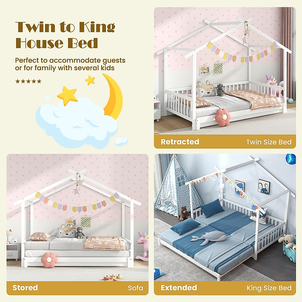 Giantex Wood House Bed for Kids, Twin to King Extendable Daybed with Roof & Fence Rails, Kids Bed for Teens, Boys & Girls, Twin Floor Day Bed, No Box Spring Needed, White