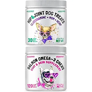 Hemp Hip & Joint Supplement for Dogs 30 Soft Chews and Omega 3 Alaskan Salmon Oil Treats for Dogs 120 Chews
