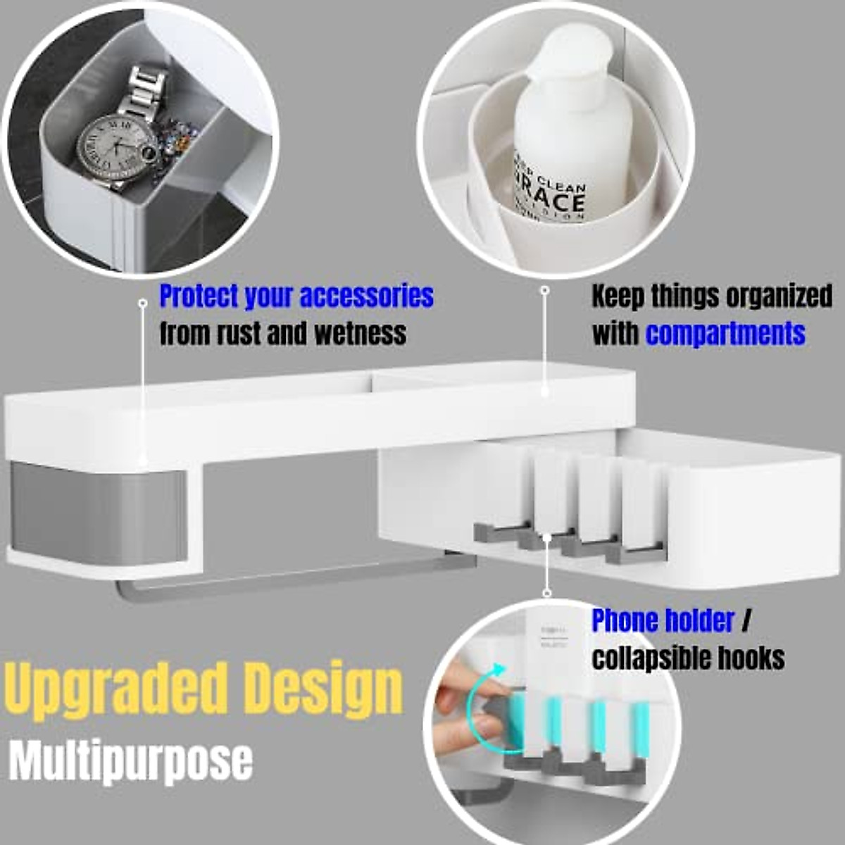 About Casa Wall Adhesive Shower Organizer, White and Grey Corner Shower Caddy, 2 Racks with drawer, hooks and towel bar, Large Storage Shelves for inside shower, bathroom