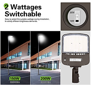 3 Pack LED 150W/200W Switchable Parking Lot Light, 150LM/W LED Street Lighting with Photocell [400W-600W HPS Equiv.] 5000K 100-277V, 5000K Commercial Adjustable Slip Fitter Mount LED Shoebox Light