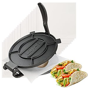 Lot45 Tortilla Press 12 inch - Cast Iron Manual Roti Maker Dough Press for Corn Tortillas, Tamales, Chapati, Naan Bread, Pizza Dough with 50 Parchment Paper Sheets