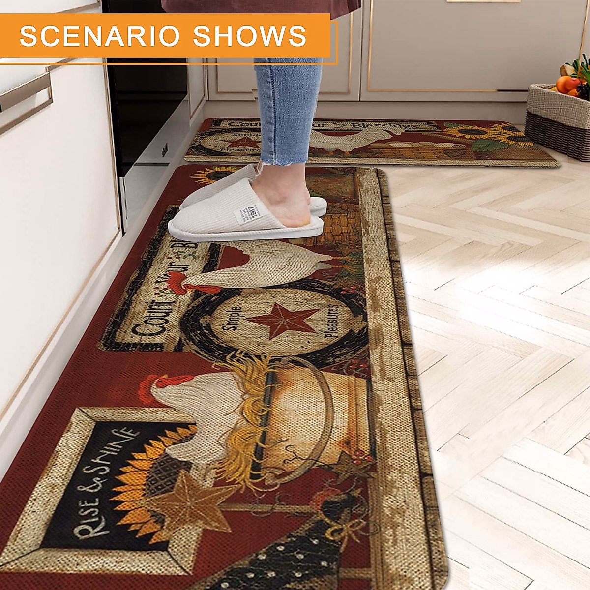 Farmhouse Kitchen Rugs and Mats Set of 2, Farm Rooster Kitchen Mat, Seasonal Holiday Cooking Sets Washable Non-Slip Floor Mats for Home Kitchen Decor - 17x29 and 17x47 Inch