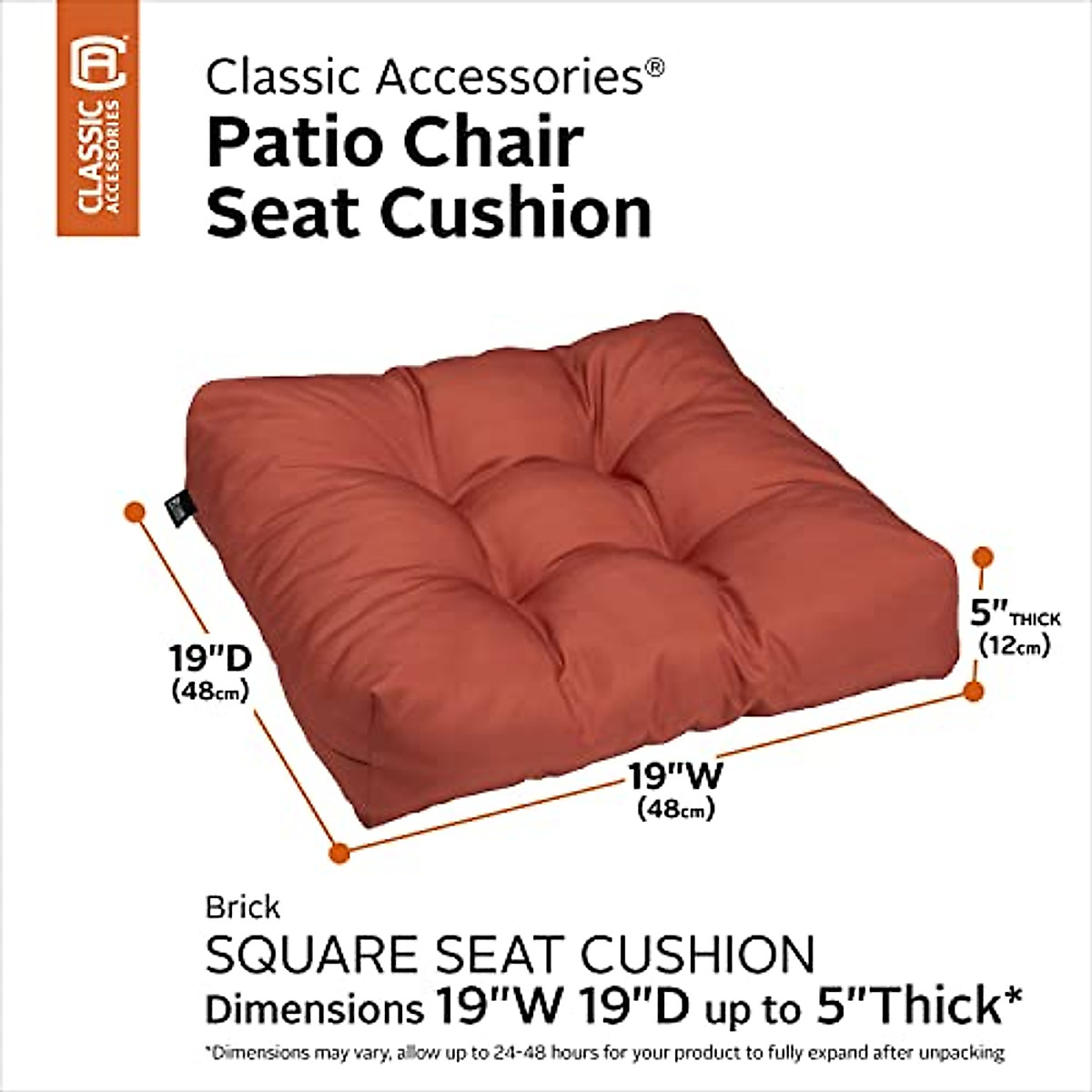Classic Accessories Water-Resistant Square Patio Seat Cushions, 19 x 19 x 5 Inch, 2 Pack, Brick, Outdoor Seat Cushions