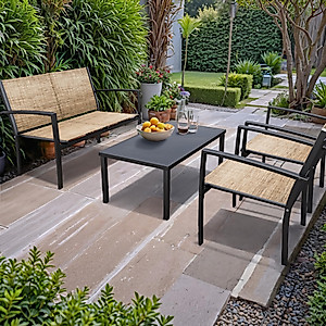 Tuoze 4 Pieces Outdoor Patio Furniture Conversation Glass Coffee Table Bistro Set with Loveseat Garden Yard Lawn and Balcony (Yellow)