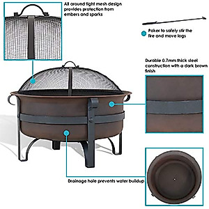Sunnydaze 29-Inch Bronze Cauldron Wood-Burning Fire Pit Bowl - Includes Portable Poker and Spark Screen