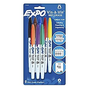 EXPO Vis-à-Vis Wet Erase Markers, Fine Point, Assorted Colors, 12 Count