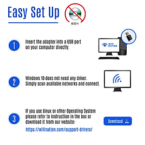 WiFi Nation® WiFi Dongle Mini 802.11ac AC600 USB WiFi Adapter, chipset: Realtek RTL8811AU, Dual Band 2.4GHz or 5GHz, Windows, MacOS and Linux Supported, Product Model: WN-H2