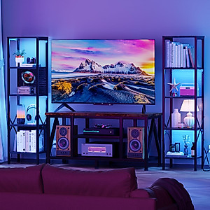 Furologee 5 Tier Book Shelf with LED Light, Tall Display Bookcase with Back, Narrow Industrial Standing Shelving Units, Metal and Wooden Storage Rack for Bedroom, Living Room, Office, Black Oak