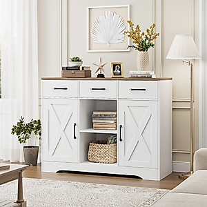 HOSTACK Modern Farmhouse Buffet Cabinet with Storage, Barn Doors Sideboard Buffet Storage Cabinet with Drawers and Shelves, Wood Coffee Bar Cabinet for Kitchen, Dining Room, Living Room, White