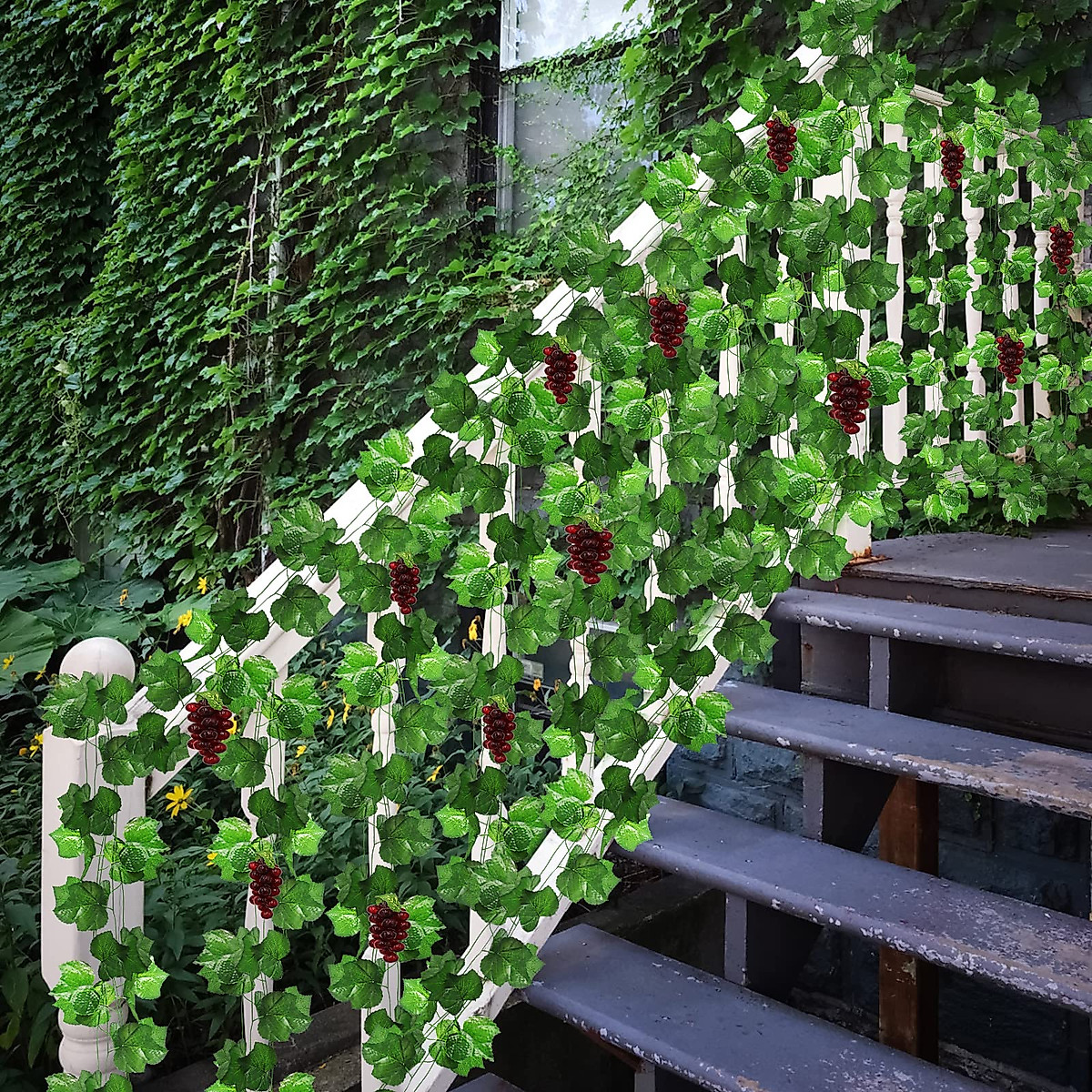 HECATY 12 Strands 90 ft Artificial Fake Grape Vines with 9 Strings Grapes, Hanging Plant Large Leaves Garland for Wedding Party Store Home Decor Indoor Outdoors