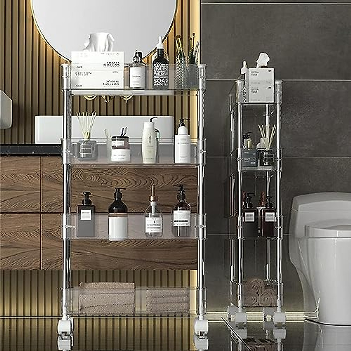 DARZYS Rolling Cart Storage cart 4-Tier Slim Corner Shelves Clear Acrylic Storage Rolling Cart with Wheels Multipurpose Shelf Display Rack 14.6" Lx5.1 Wx34.8 H